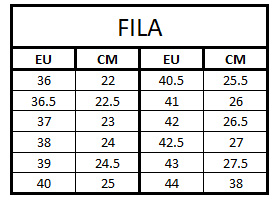 Fila ray size chart store